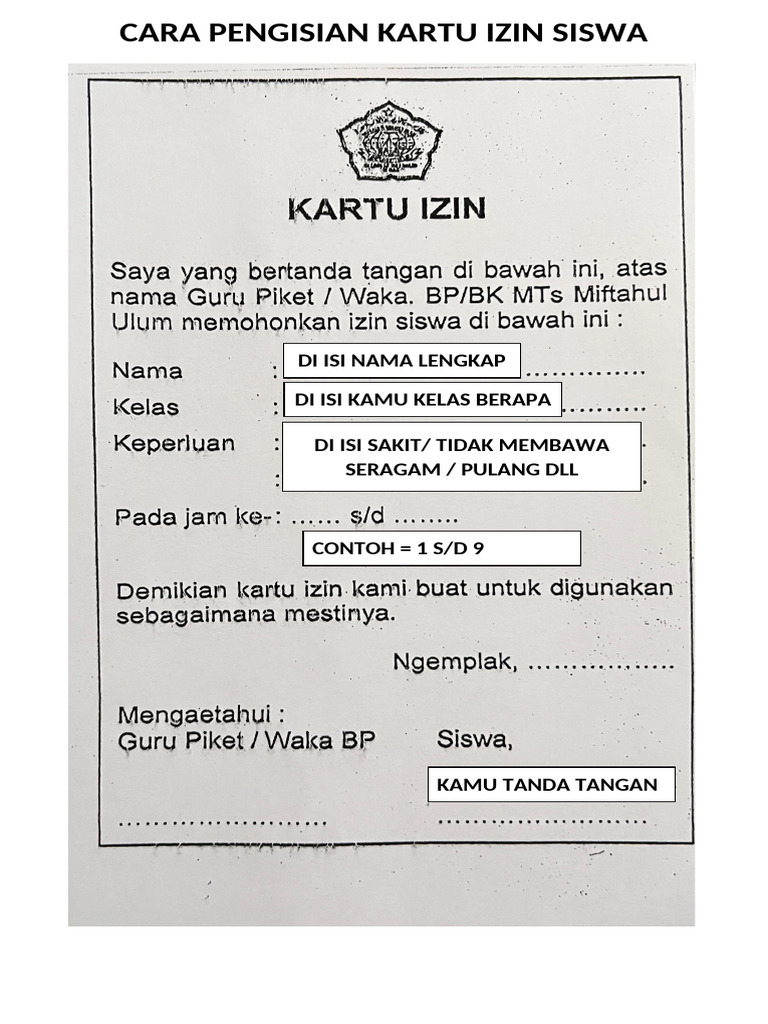 Cara Pengisian Kartu Izin Siswa | PDF