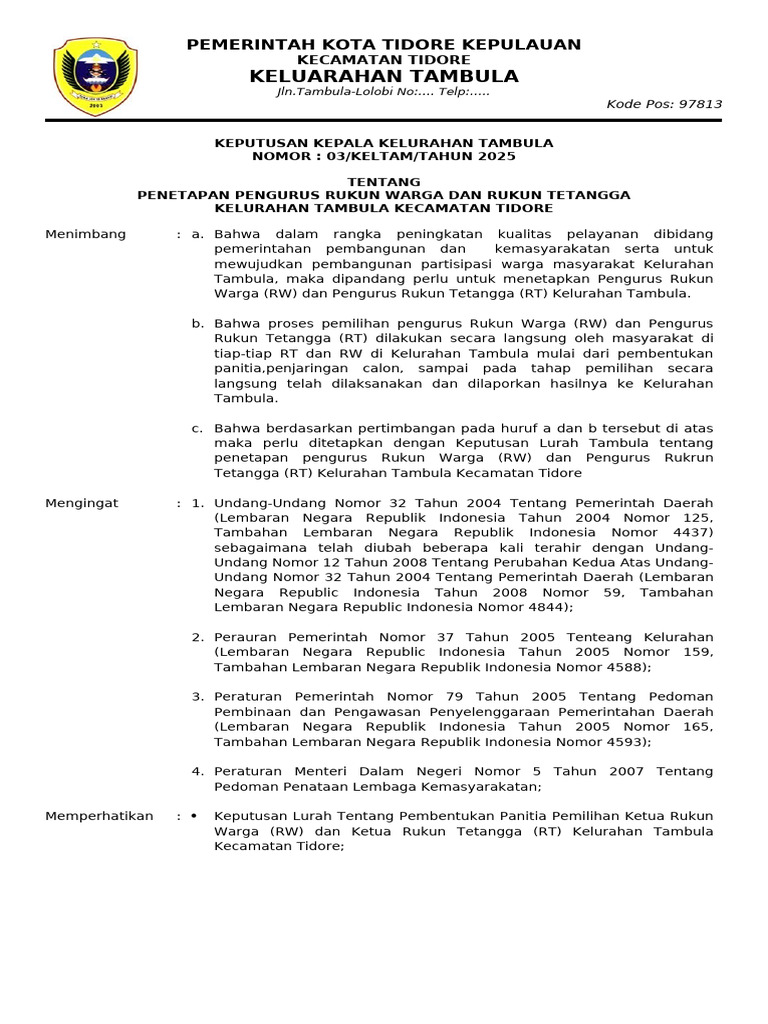 Penetapan Pengurus RW dan RT Tambula | PDF