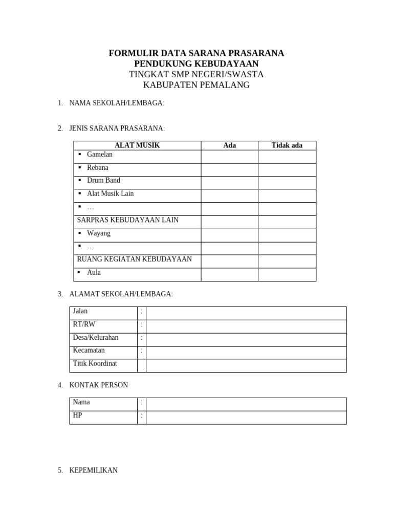Formulir Data Sarana Prasarana SMP | PDF