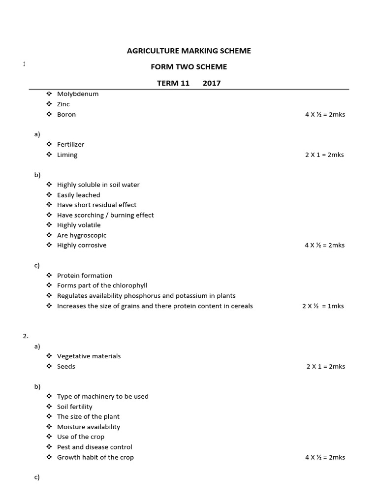 F 2 Agriculture Marking Scheme Form 2 Mid Term 2 Exam 2017 | PDF | Soil | Fertilizer