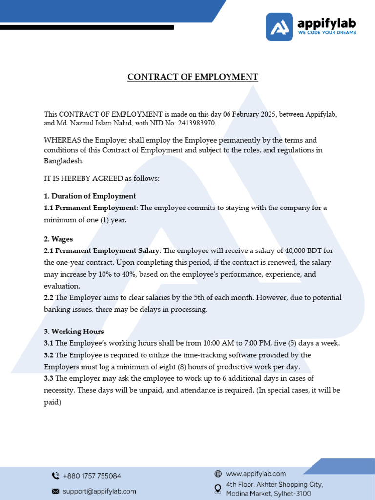 Nazmul - Contract of Employment | PDF | Employment | Sick Leave