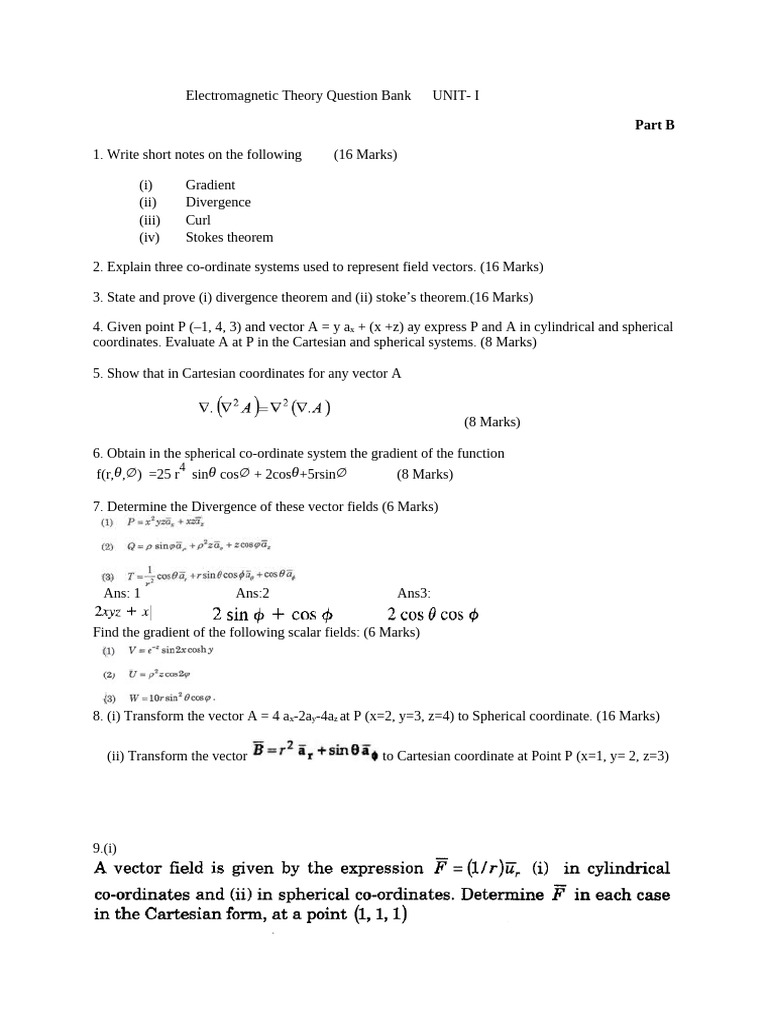 UNIT 1 10 Marks | PDF | Coordinate System | Divergence