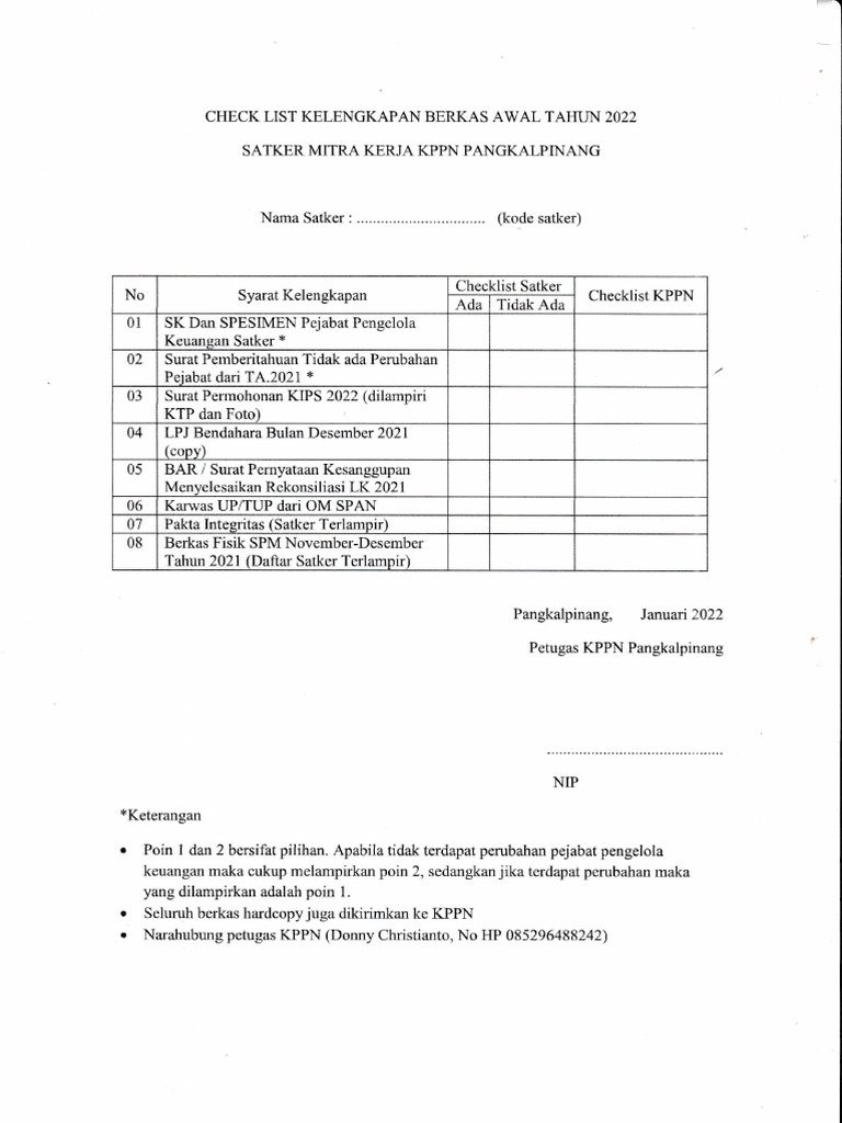 Checklist Berkas Awai KPPN 2022 | PDF
