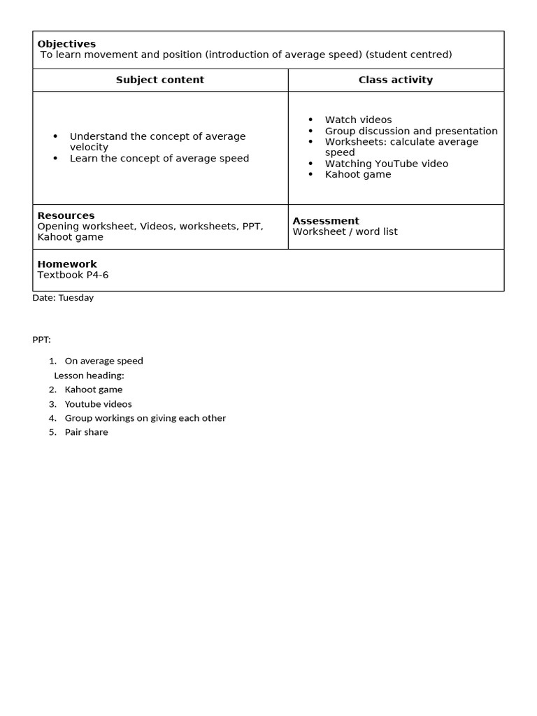 Lesson Plan Tuesday Physics | PDF