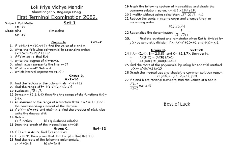 Class 9 Opt. Maths Exam 2082 | PDF | Function (Mathematics) | Square Root