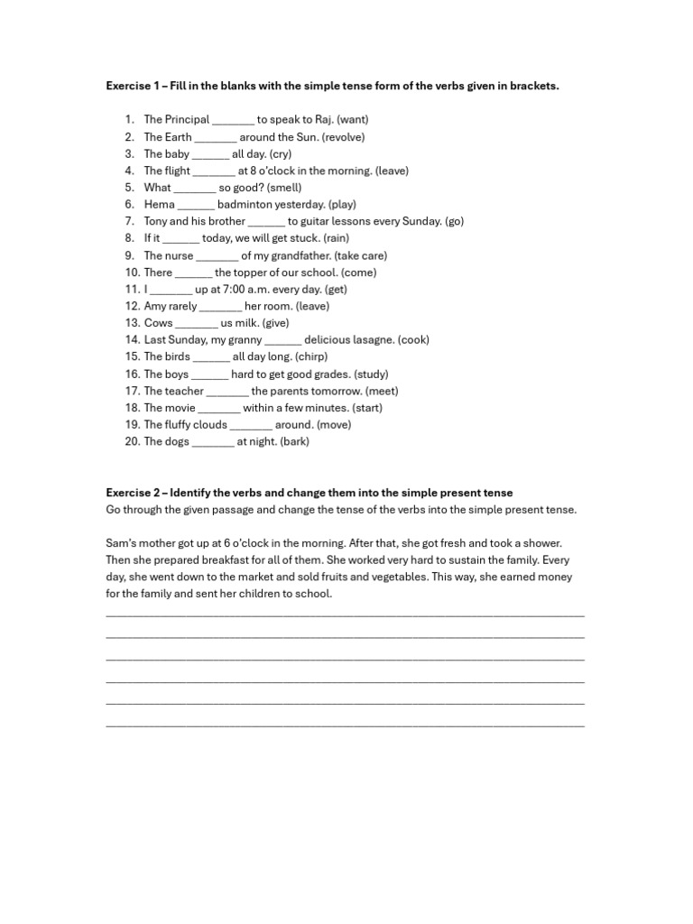 Simple Tenses Exercises Worksheet | PDF