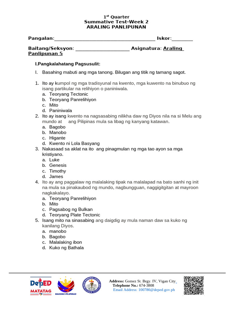 Summative Ap5 q1-Week 2 | PDF