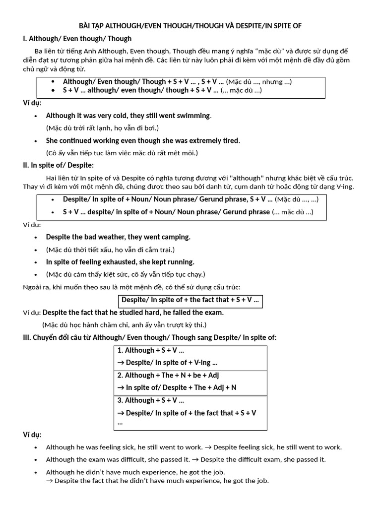 Exercises on Although and Despite | PDF