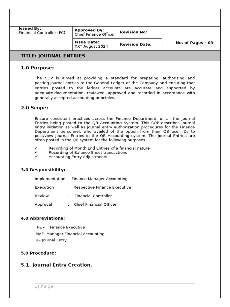 Journal Entry SOP for Finance Department | PDF | Accounting | Debits ...