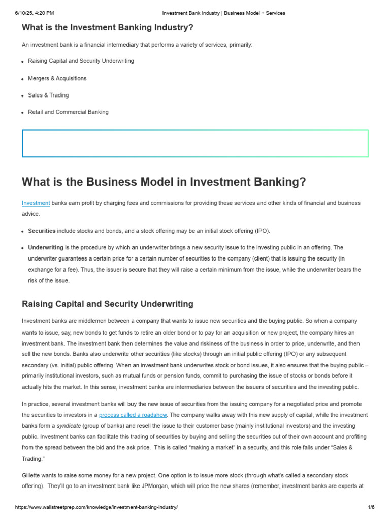 Investment Bank Industry - Business Model + Services | PDF | Investment ...