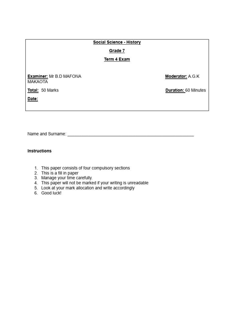 Grade 7 Term 4 History Exam Paper | PDF