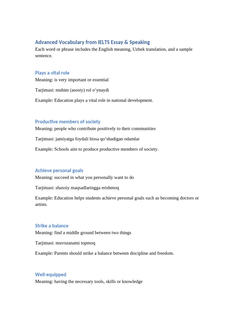 IELTS Advanced Vocabulary Guide | PDF | Well Being | Leadership
