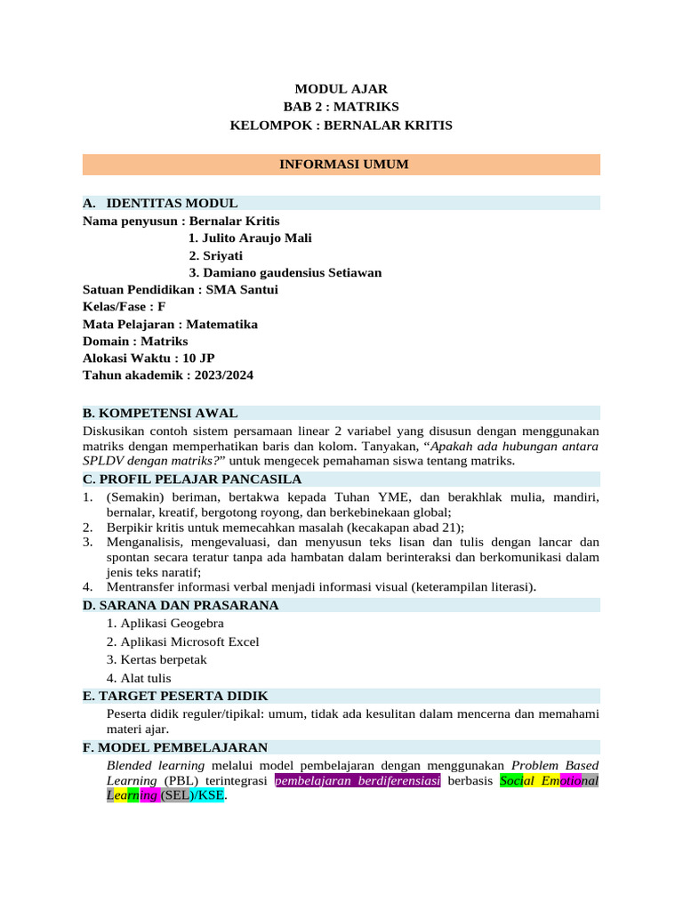 Modul Ajar Matriks | PDF
