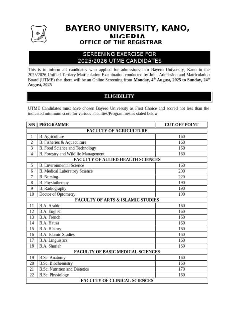 BUK Post UTME Screening 2025 Details | PDF | Engineering