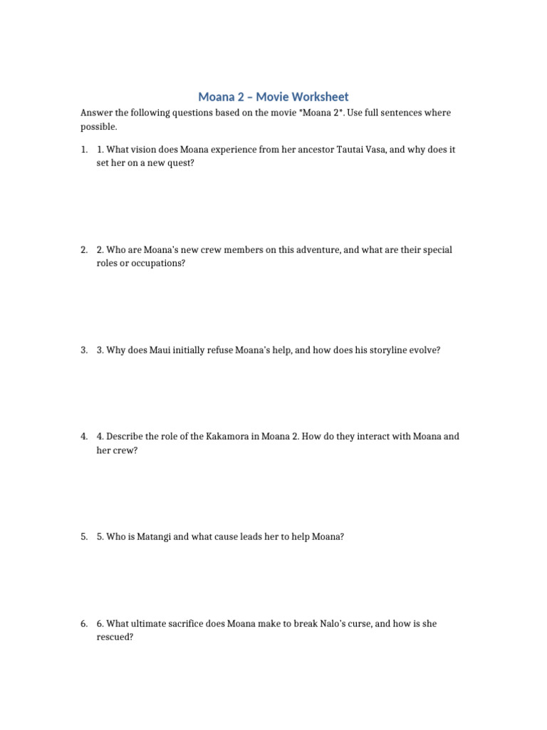 Moana 2 Movie Worksheet Questions | PDF