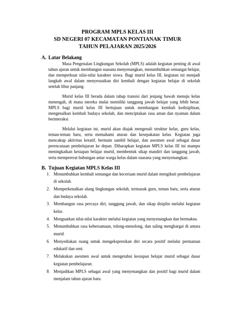 Program MPLS Kelas 3 SD 2025 2026 | PDF