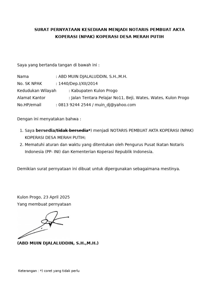 SURAT PERNYATAAN KESEDIAAN MENJADI NOTARIS PEMBUAT AKTA | PDF
