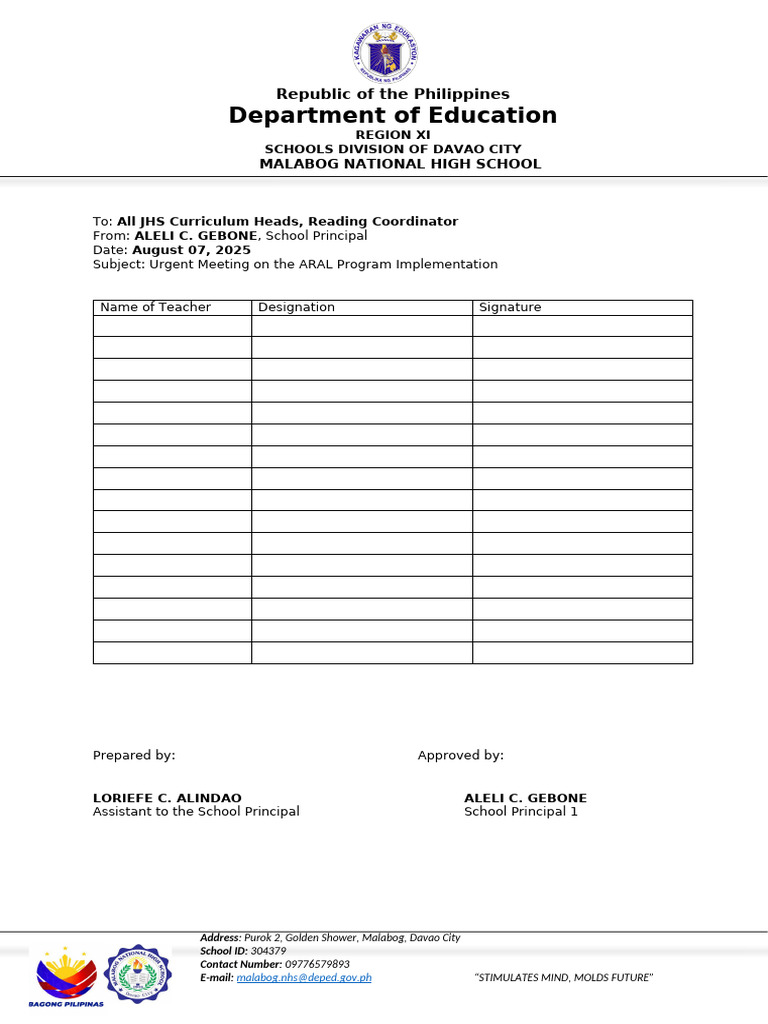 Urgent Meeting on ARAL Program | PDF