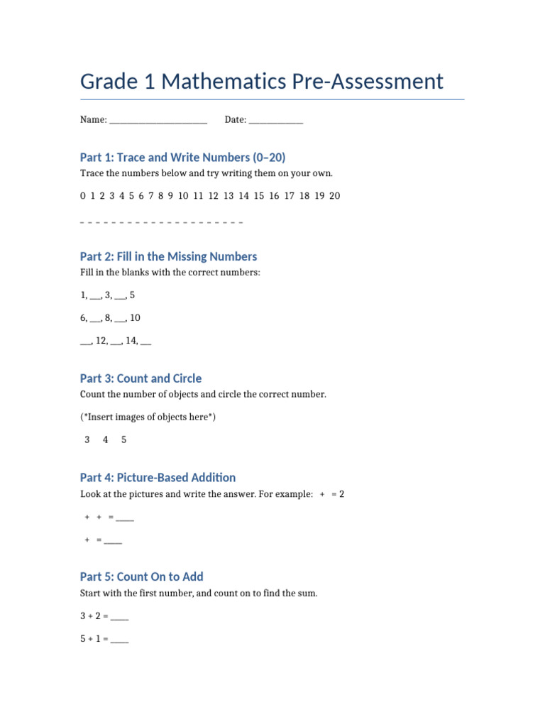 Grade 1 Math Pre-Assessment Test | PDF