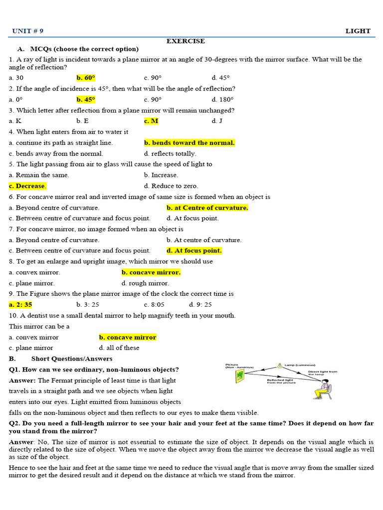 Light Reflection And Mirrors Answer Key Pdf Mirror Glass