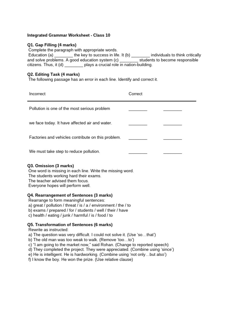 Integrated Grammar Worksheet - 10101 | PDF