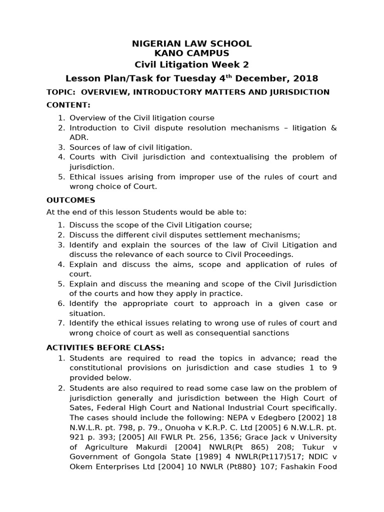 WK 2 Civil Litigation Lesson Plan For Week 2 770919 | PDF | Lawsuit ...