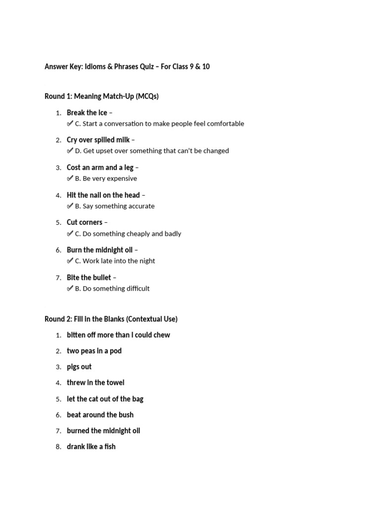 Answer Key Quiz Idioms and Phrases | PDF