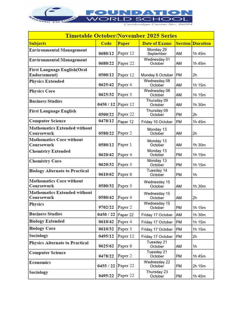 Igcse Timetable Oct Nov 2025 Series | PDF | Qualifications