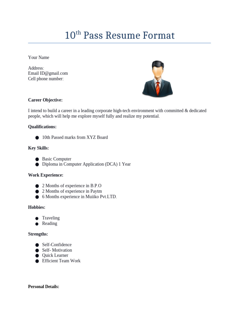 10th Pass Resume Format | PDF