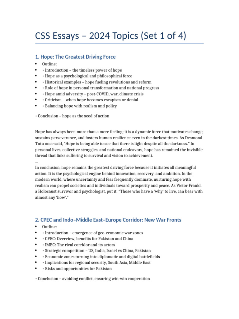CSS Essays Set 1 Hope CPEC Propaganda | PDF | Hope