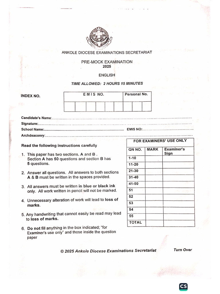 Ankole Diocese Eng Pre-Mock 2025 | PDF