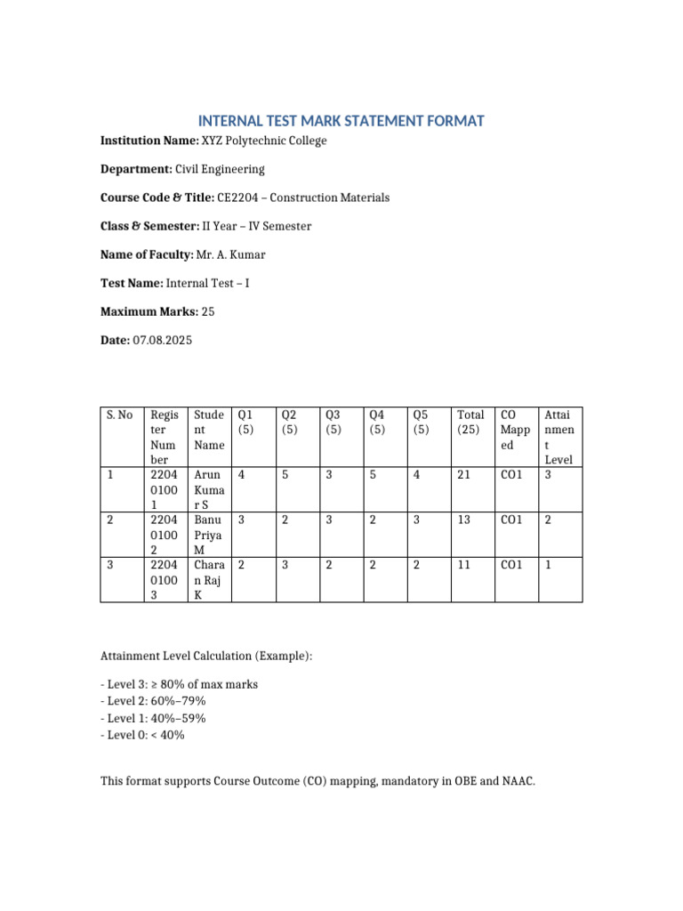 Internal Test Mark Statement Format | PDF