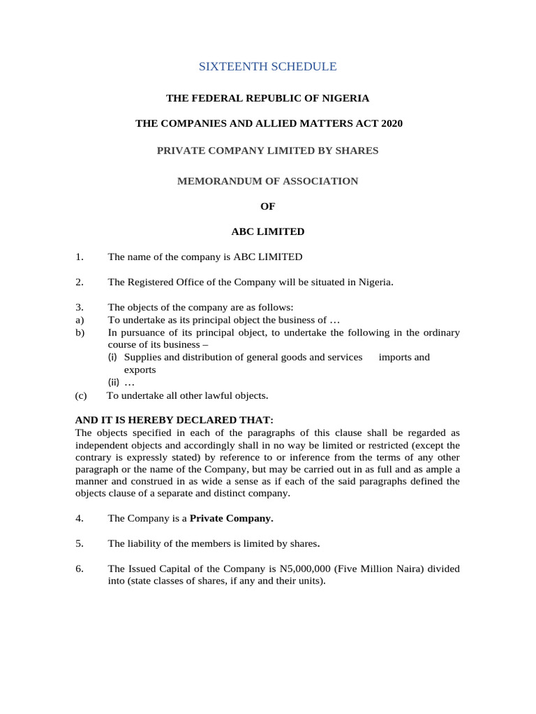 Sample Memorandum of Association | PDF
