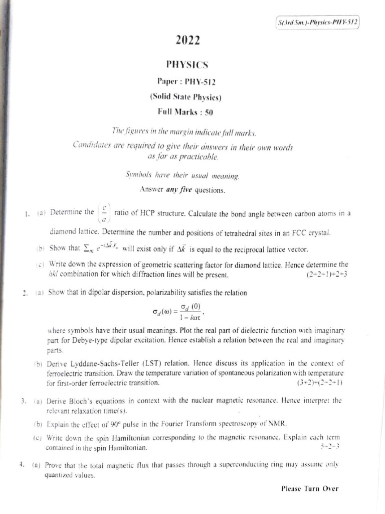 CU-2022 M.sc. Physics Semester-III Paper-PHY-512 Solid State Physics QP | PDF | Nuclear Magnetic ...
