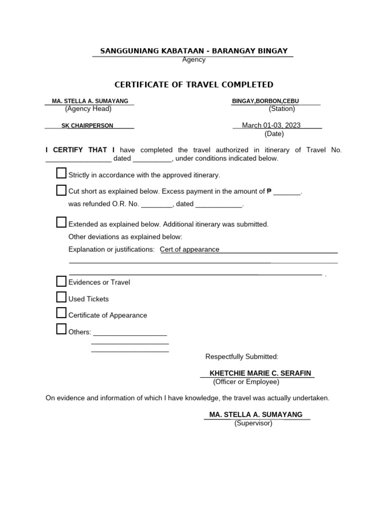 Certificate of Travel Completion | PDF