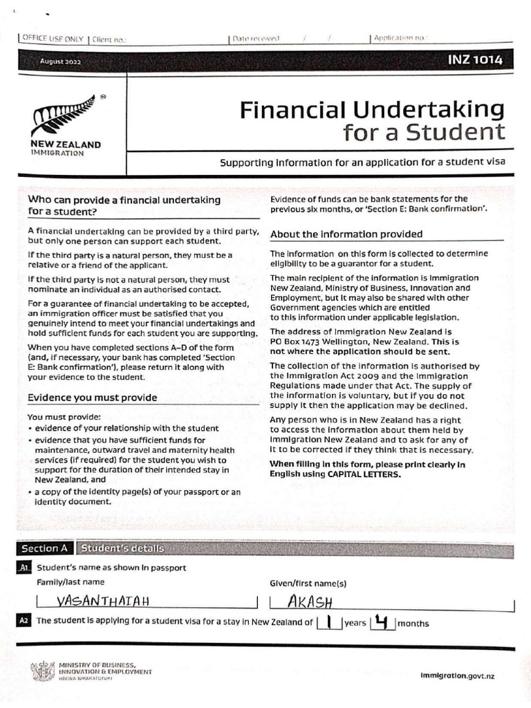 Financial Undertaking For A Student (INZ 1014) - Sample | PDF