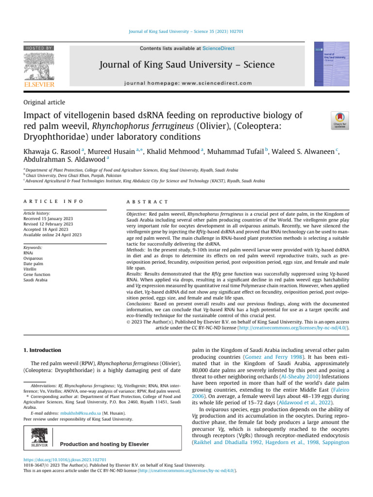 Impact of Vitellogenin Based DsRNA Feeding On Reproductive Biology of ...
