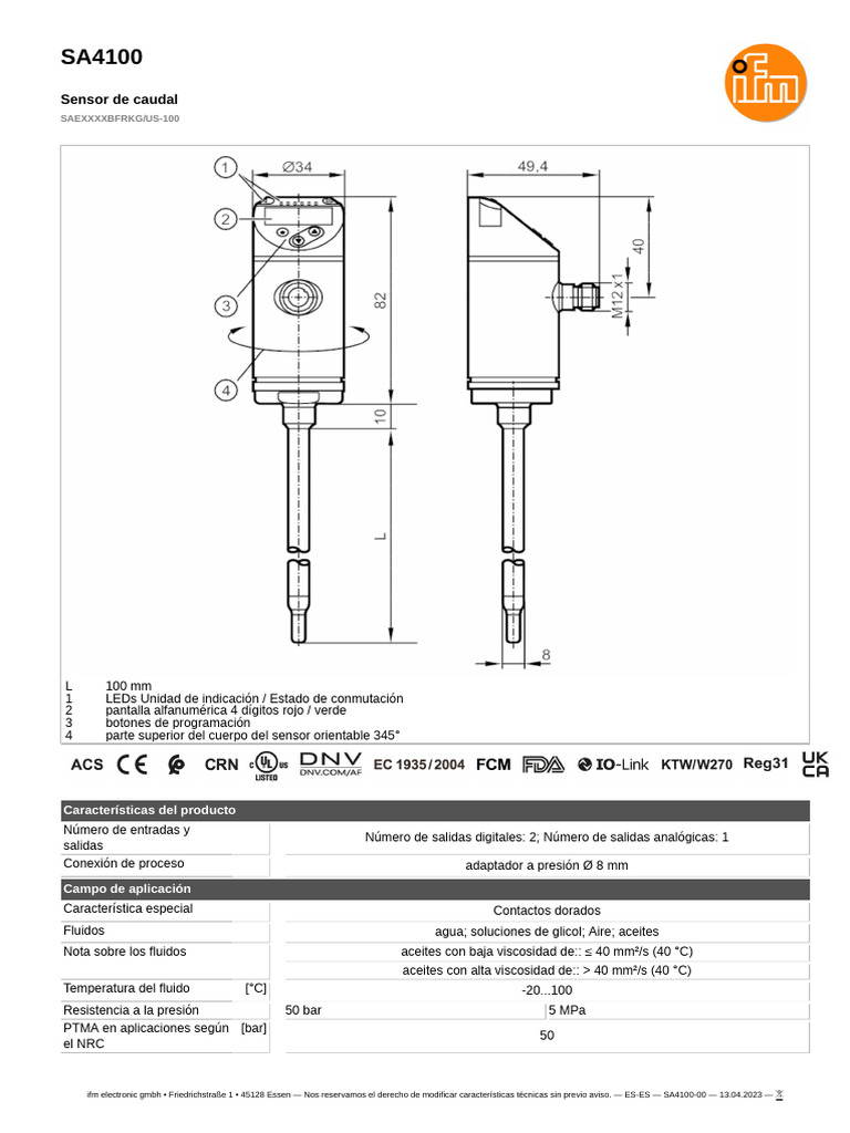 Sensor de Caudal Sa4100-00_es-Es | PDF | Sensor | Diodo emisor de luz