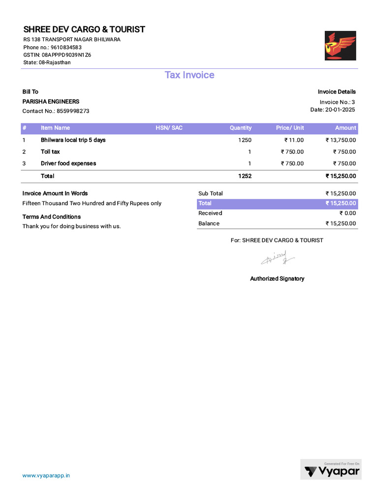 Shree Dev Cargo GST Invoice Details | PDF