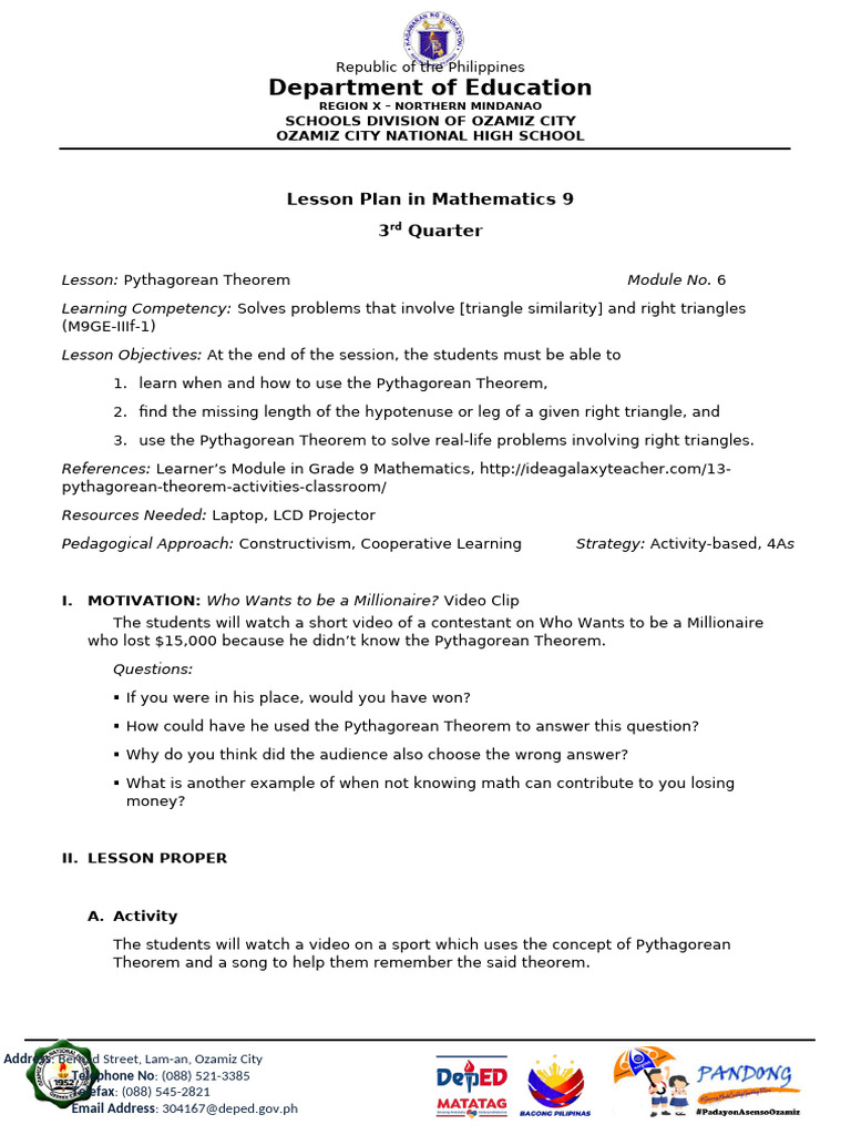 Pythagorean Theorem Lesson Plan | PDF | Mathematics | Elementary Geometry