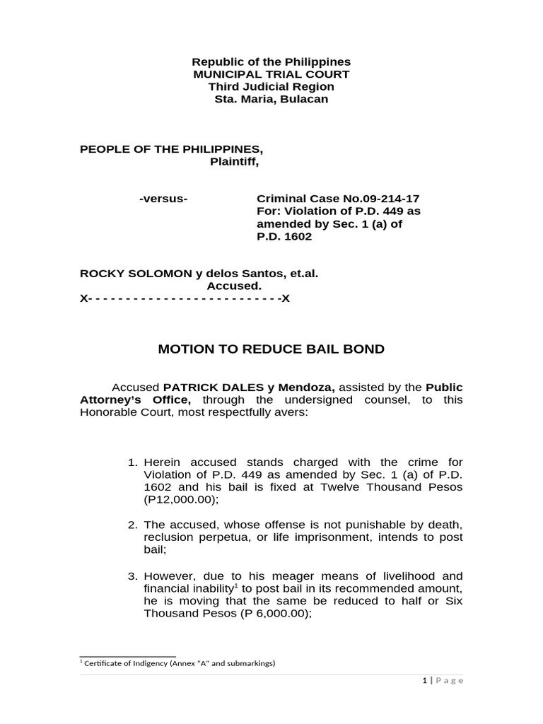 Motion to Reduce Bail for Patrick Dales | PDF | Bail | Crime & Violence