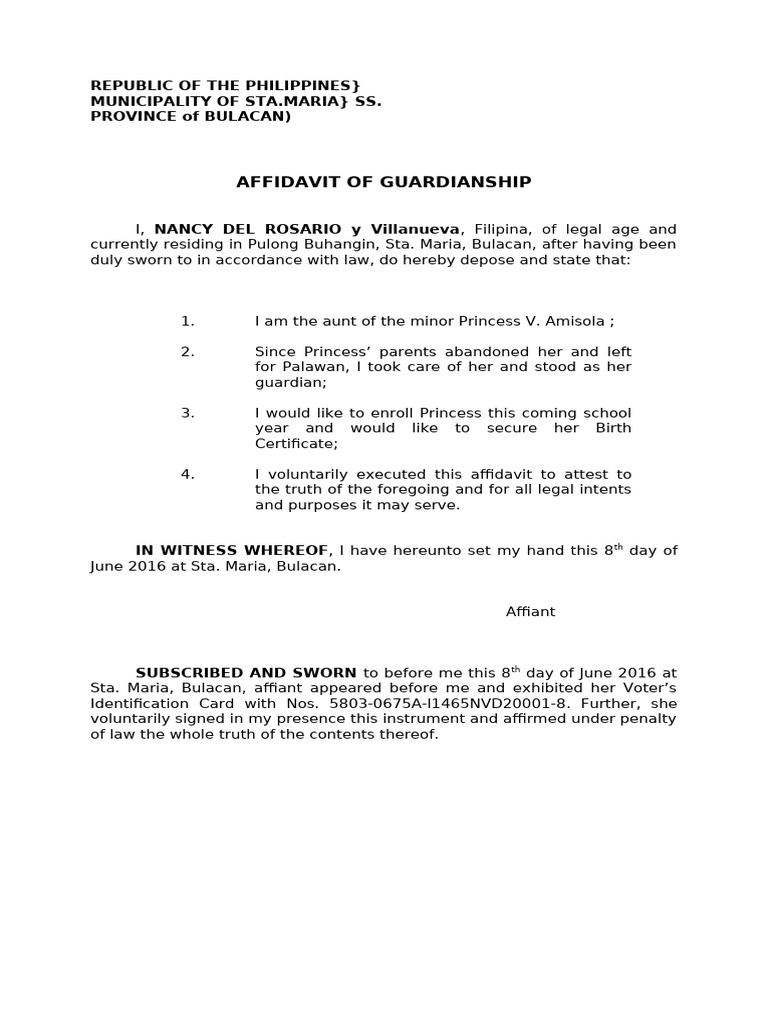 Affidavit of Guardianship-nancy Del Rosario | PDF