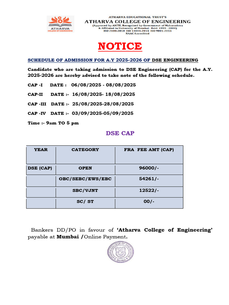 DSE Engineering Admission Schedule 2025-26 | PDF