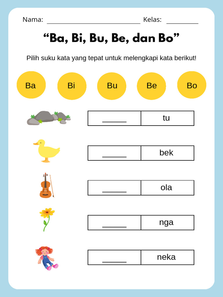 Mengenal Suku Kata Lembar Kerja Biru Minimalis | PDF