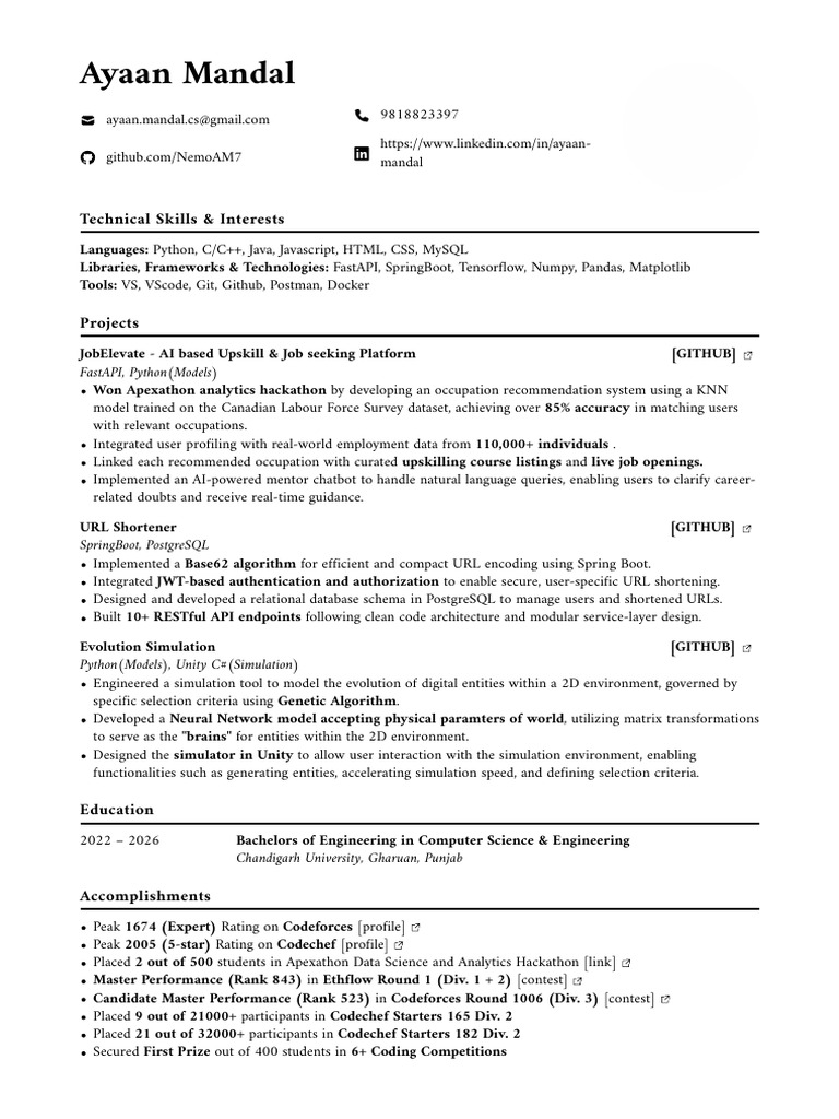 Ayaan Mandal Resume B | PDF | Postgre Sql | Computer Science