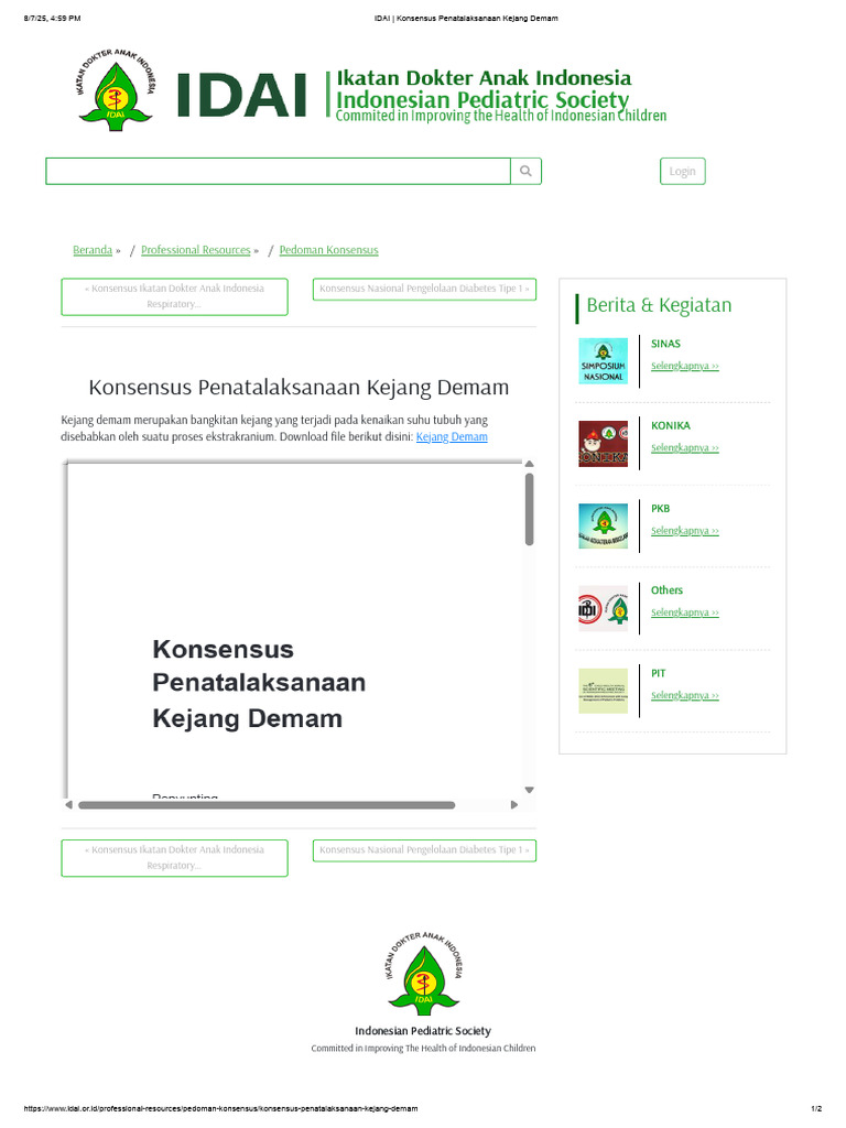IDAI - Konsensus Penatalaksanaan Kejang Demam | PDF