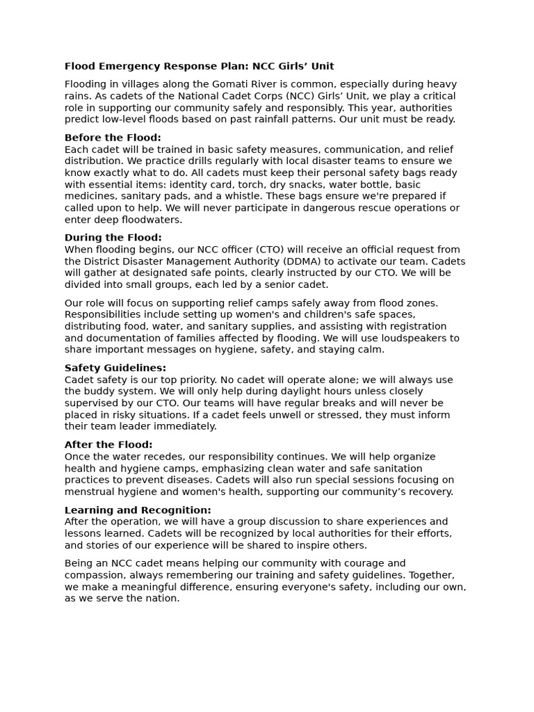 NCC Girls' Flood Response Plan | PDF | Emergency Management | Flood