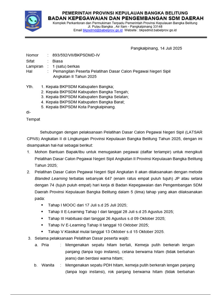 Surat Pemanggilan Peserta LATSAR Angkatan II | PDF