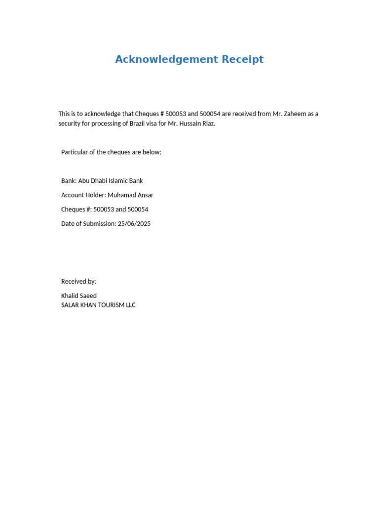 Cheque Acknowledgement | PDF