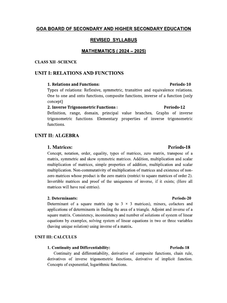 Maths Goa Board Syllabus | PDF